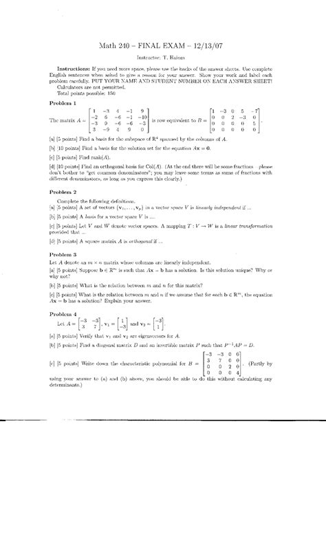 Final Exam Introduction Linear Algebra Math 240 Docsity
