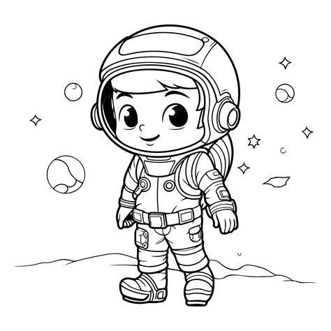 만화 우주 비행사 캐릭터 터 일러스트레이션의 컬러링 페이지 프리미엄 벡터