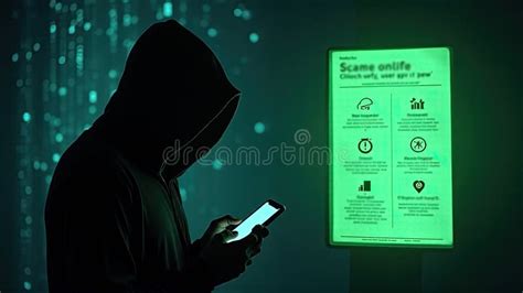 Hacker Using Phone In Front Of Cyber Security Poster Stock Illustration Illustration Of Crime