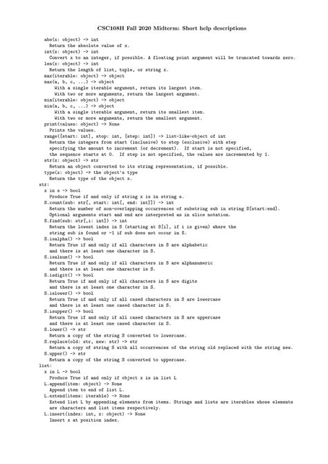 API Guide API Summary Cheatsheet CSC108H Fall 2020 Midterm Short
