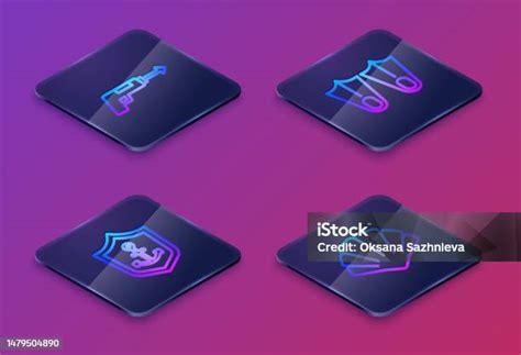 아이소메트릭 라인 낚시 작살 방패 내부 앵커 고무 오리발 및 가리비 바다 조개를 설정합니다 파란색 사각형 버튼 벡터 3차원 형태에 대한 스톡 벡터 아트 및 기타 이미지