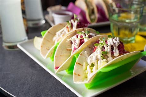 Set Of Delicious Tacos On Plastic Rack Mexican Cafe Stock Image Image Of Mexican Meat 259817549