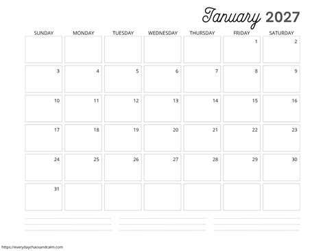 Printable January 2027 Calendars
