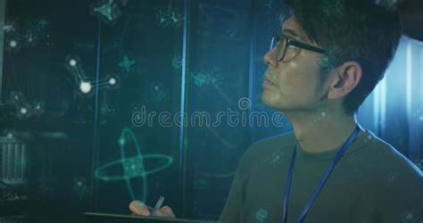 Image Of Molecule Structures Asian Man Checking Data Server Using Digital Tablet In Server Room