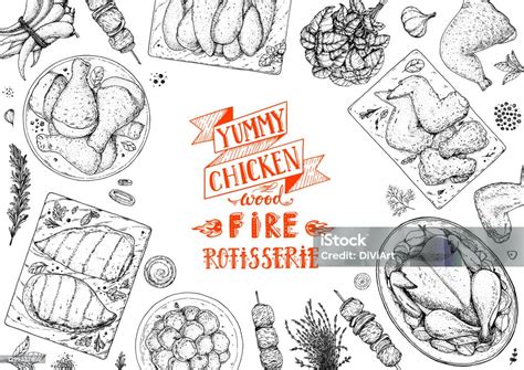 닭 고기 프라이드 치킨 손으로 그린 스케치 그림입니다 구운 닭고기 고기 상단 보기 프레임 벡터 그림입니다 새겨진 디자인 레스토랑 메뉴 디자인 템플릿입니다 가금류에 대한 스톡