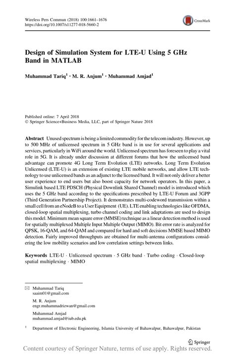 Design Of Simulation System For LTE U Using 5 GHz Band In MATLAB Request PDF