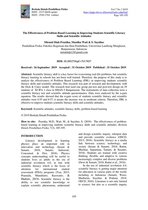 PDF The Effectiveness Of Problem Based Learning In Improving Students Scientific Literacy