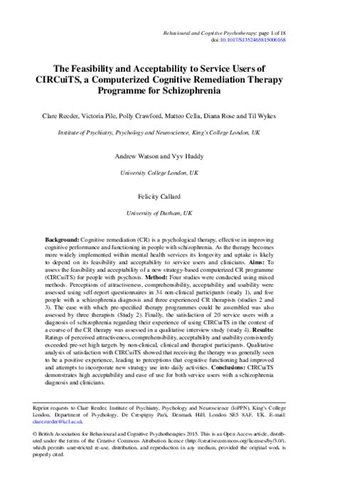 Pdf The Feasibility And Acceptability To Service Users Of Circuits A Computerized Cognitive