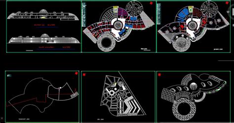 نقشه موزه شامل پلان نما مقطع و پرسپکتیو Autocad Drawing Drawings Autocad
