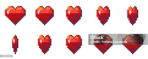 픽셀 하트 애니메이션 생명력 보너스와 빨간 심장 반사 및 회전 효과가 있는 복고풍 8비트 게임 스프라이트 벡터 아케이드 비디오 게임 Ui 자산 및 발렌타인 데이 픽셀 화 된