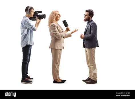 female reporter interviewing a man and camera man recoridng isolated on