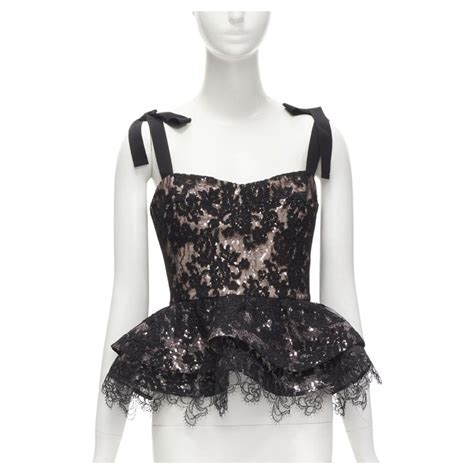 Silvia Tcherassi Pink Sequins Black Overlay Lace Ribbon Tie Peplum Top