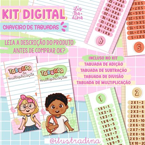 Kit Digital Chaveiro Tabuadas Ilustradina Design