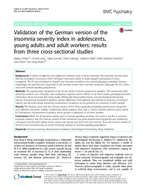 Pdf Validation Of The German Version Of The Insomnia Severity Index In Adolescents Young