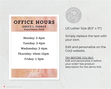 Office Hours Door Sign Printable Template Editable Hours Of Operation