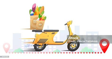 노란색 빠른 배달 복고풍 스쿠터 오토바이 식료품과 음식이 있는 오토바이 도로 지도에 빨간색 핀 흰색에 도시 전단지 포스터 배너 웹 광고에 대 한 벡터 일러스트 레이 션 0