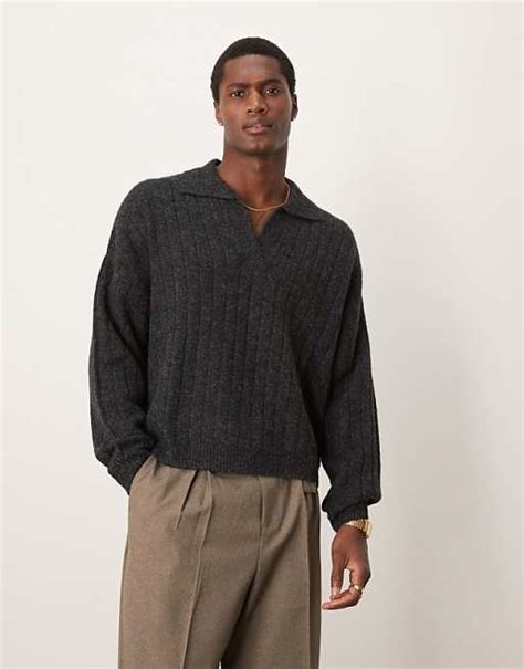 Asos Design Knit Oversized Rib Notch Sweater In Charcoal Heather Asos