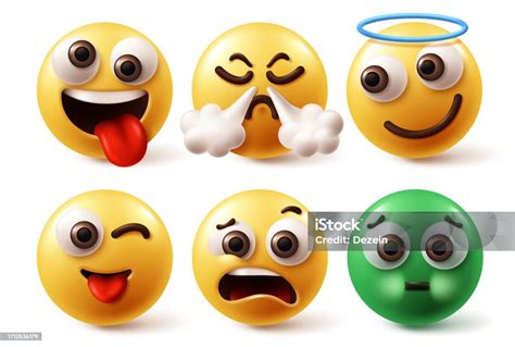 이모티콘 얼굴 문자 벡터 세트입니다 이모티콘은 장난꾸러기 화난 천사 후광 윙크하는 표정으로 노란색 이모티콘을 마주합니다 3차원 형태에 대한 스톡 벡터 아트 및 기타 이미지