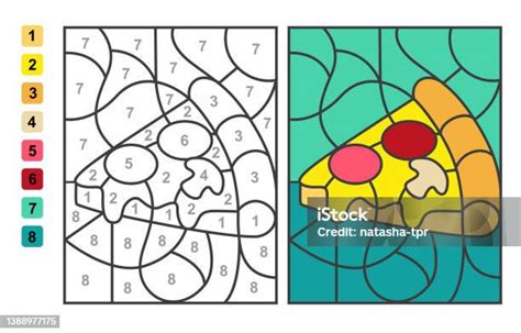 숫자 피자 슬라이스로 색상 어린이 교육 퍼즐 게임 그리기 및 학습 수학을위한 색상 0명에 대한 스톡 벡터 아트 및 기타 이미지