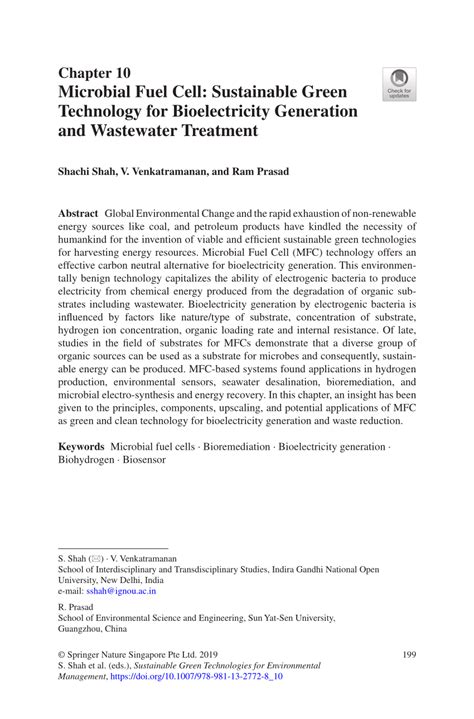 PDF Microbial Fuel Cell Sustainable Green Technology For Bioelectricity Generation And