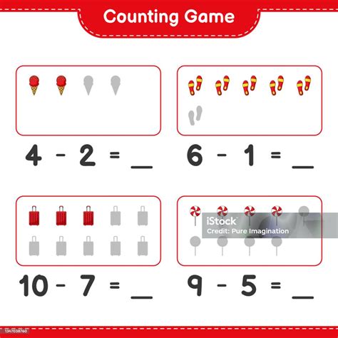 게임을 계산 아이스크림의 수를 계산 플립 플롭 여행 가방 사탕과 결과를 작성합니다 교육 어린이 게임 인쇄 워크 시트 벡터 일러스트레이션 0명에 대한 스톡 벡터 아트 및 기타
