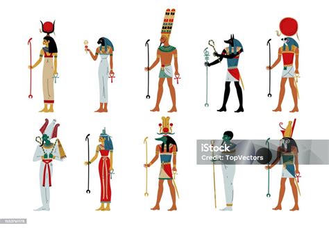 이집트 신들과 여신들의 집합 오시리스 호루스 라 하토르 프타 세크메트 마트 고대 이집트 신들 벡터 일러스트레이션 고고학에 대한 스톡 벡터 아트 및 기타 이미지 Istock