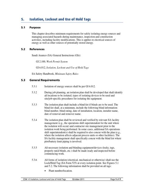 Part I 05 Isolation Lockout And Use Of Hold Tags Pdf Manufactured Goods Equipment