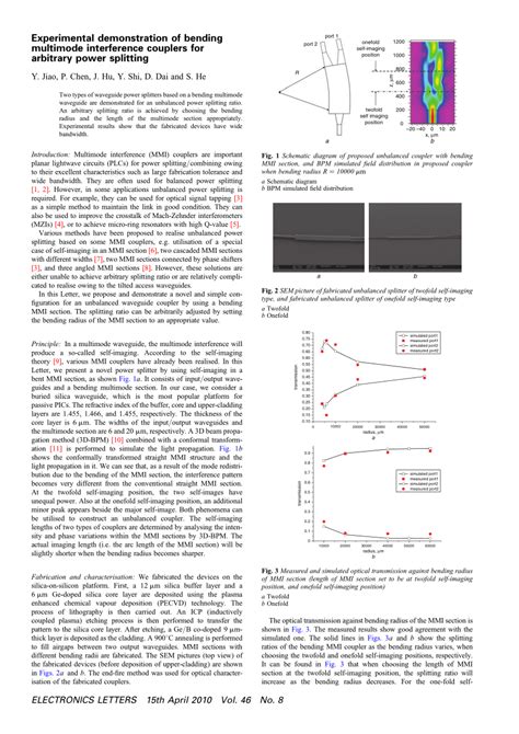 Pdf Experimental Demonstration Of Bending Multimode Interference Couplers For Arbitrary Power