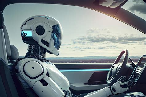 Humanoid Robot Driving Autonomous Car Future Technology Concept