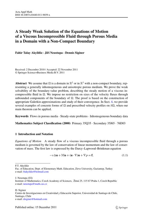 PDF A Steady Weak Solution Of The Equations Of Motion Of A Viscous Incompressible Fluid