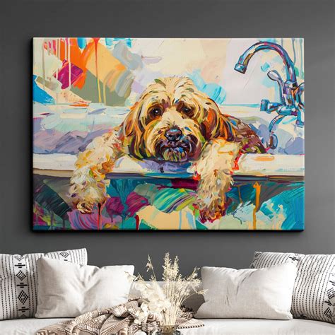 Cockapoo Bath Tub Dog Bathroom Oil Painting Framed Poster Print Or