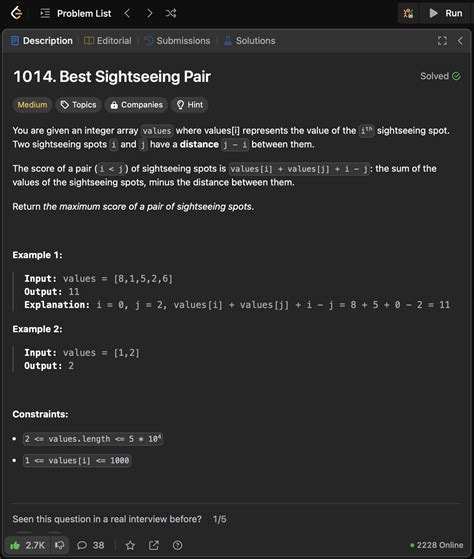 [27 12 2024] 1014 best sightseeing pair leetcode challenge tech threads