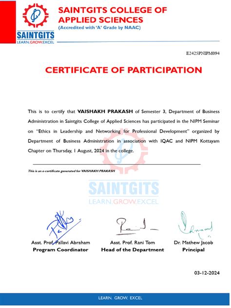Vaishakh Prakash Nipm E Certificate Pdf