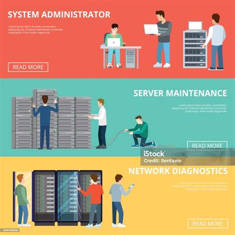 평면 조정 컴퓨터 서버 랙 서비스 Infographics 서식 파일 벡터 일러스트 레이 션 데이터베이스 개념입니다 서버 유지 보수 네트워크 진단 시스템 관리자 기술 직원