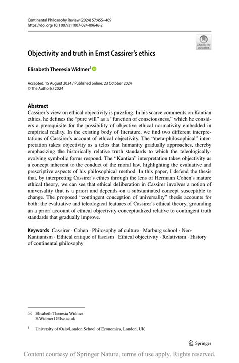 Pdf Objectivity And Truth In Ernst Cassirers Ethics