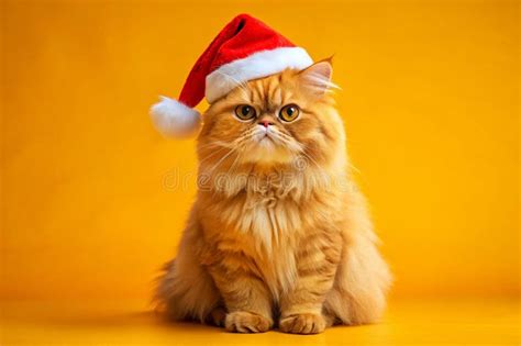 Festive Feline Fury Grumpy Orange Persian Cat In A Santa Hat Capturing Christmas Cheer On A
