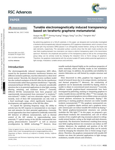 Pdf Tunable Electromagnetically Induced Transparency Based On Terahertz Graphene Metamaterial
