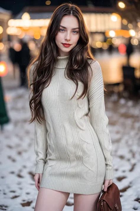 A Woman In A Sweater Dress Poses For A Picture In The Snow Seaart Ai