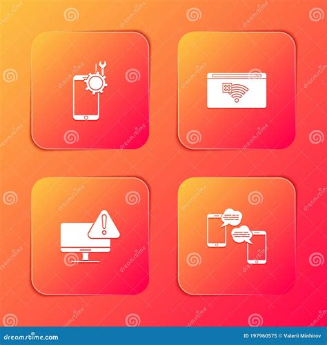 Set Mobile Service No Internet Connection Monitor With Exclamation Mark And Chat Messages