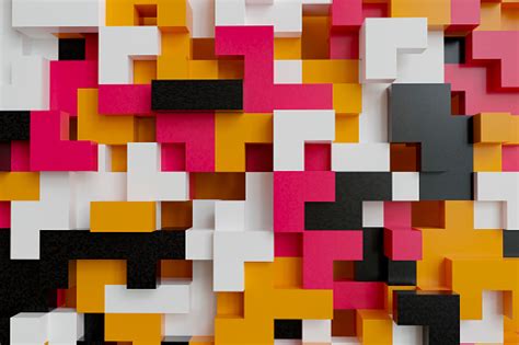 다채로운 추상 기하학적 3d 배경에는 디자인에 대한 다양한 요소와 색상이 있습니다 테트리스 게임에서 추상적 인 모양입니다 3d 렌더링 그림 블록쌓기 게임에 대한 스톡 사진