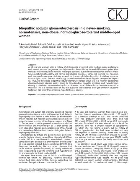Pdf Idiopathic Nodular Glomerulosclerosis In A Never Smoking Normotensive Non Obese Normal