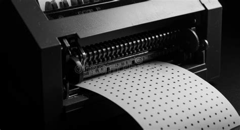 Close Up Of A Black Industrial Printer Processing Perforated Paper Stock Illustration