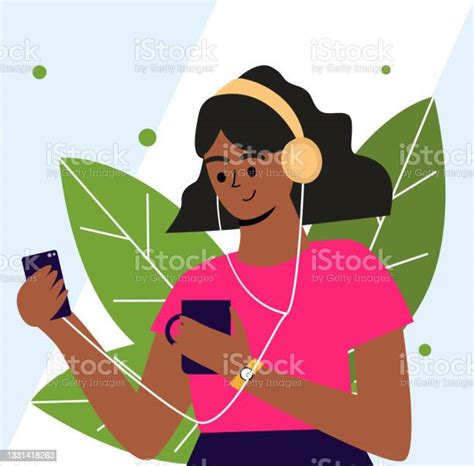 한 소녀가 휴대전화로 음악을 듣는다 헤드폰을 쓴 한 여성이 음악 팟캐스트 오디오북을 듣습니다 벡터 플랫 일러스트레이션 듣기에 대한 스톡 벡터 아트 및 기타 이미지 Istock
