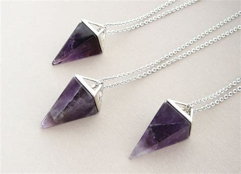 Amethyst Necklace Genuine Amethyst Crystal Pendant Pyramid Silver