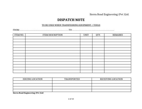 Dispatch Note For Equipment Transfer Pdf