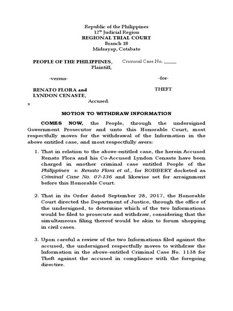 Sample Motion To Withdraw Information Pdf Prosecutor Government