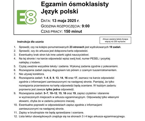 Egzamin ósmoklasisty 2025 Polski Arkusz Cke Odpowiedzi Zadania Do
