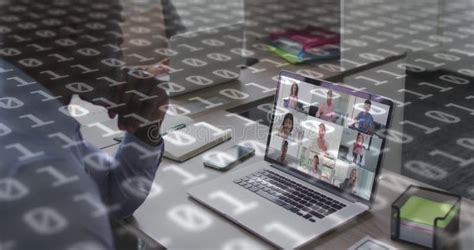 Animation Of Binary Coding Over African American Businessman Having