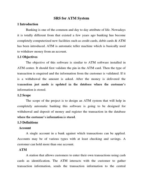 Srs For Atm System Pdf Automated Teller Machine Personal Identification Number