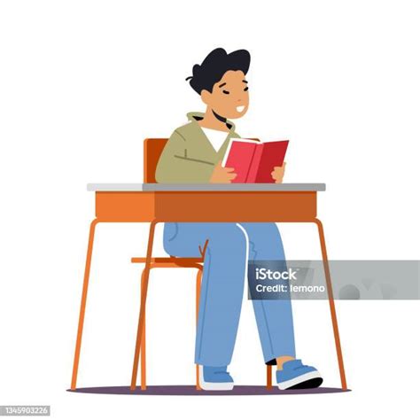 학교 교실의 어린이 학생 책상에 앉아 있는 어린 여학생 캐릭터와 함께 열린 교과서에 손 읽기 수업 남학생에 대한 스톡 벡터 아트 및 기타 이미지 Istock